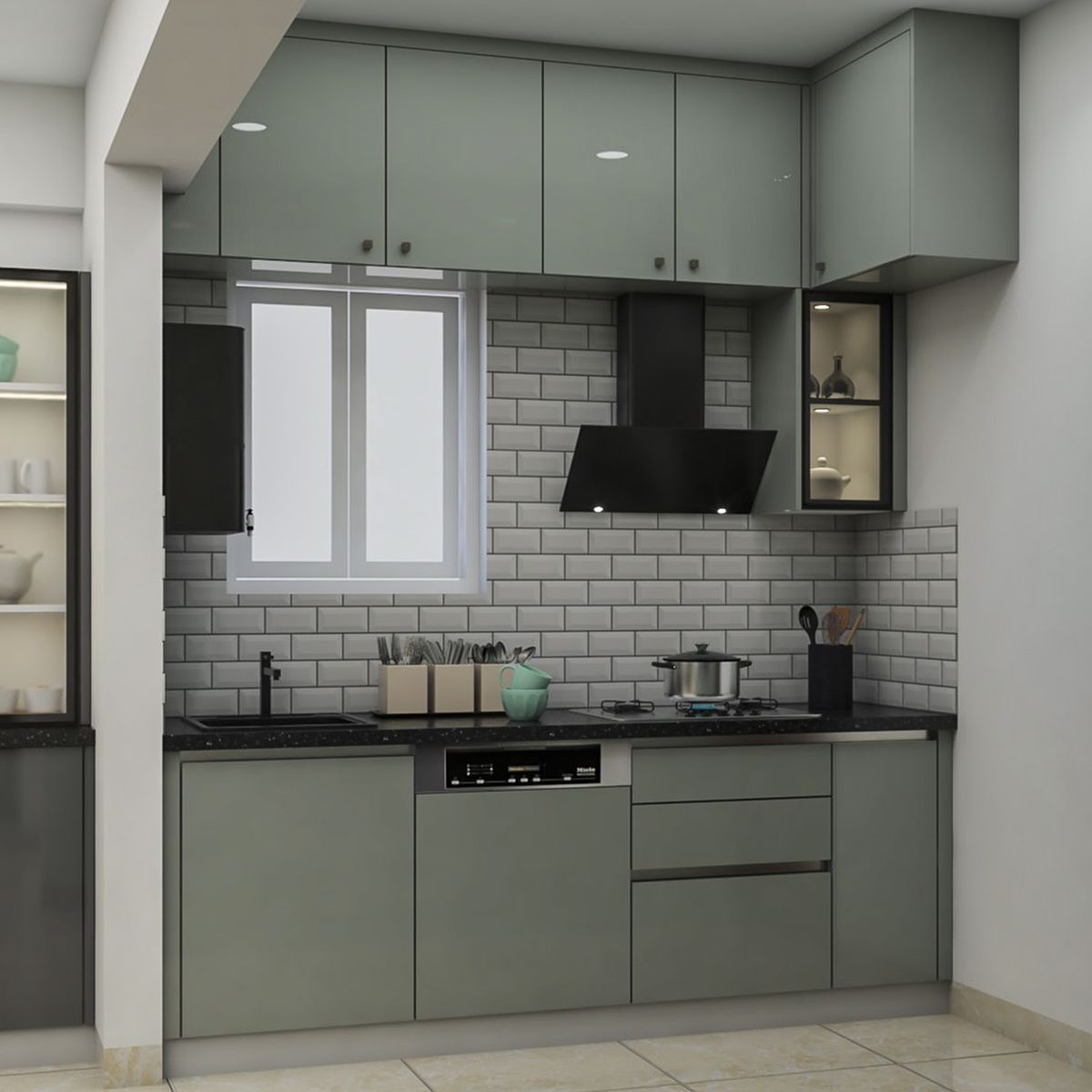 Open Kitchen Design With Modern Glossy Cabinets and Granite Countertop ...