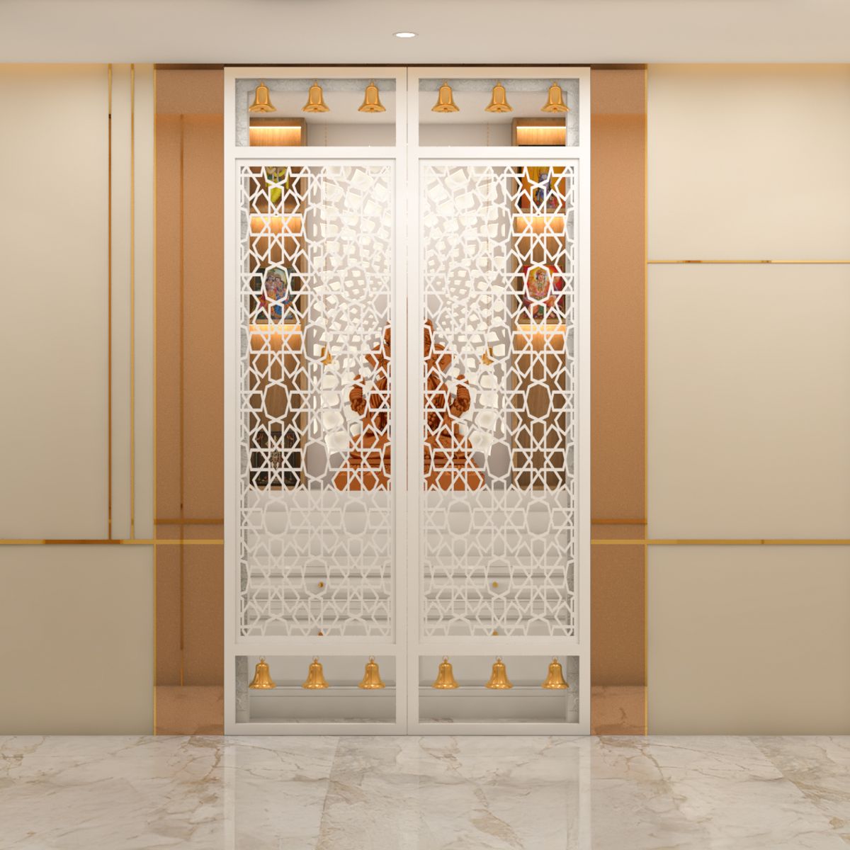 Floor-Mounted Modern Pooja Room Design With Intricate Panel Detailing ...
