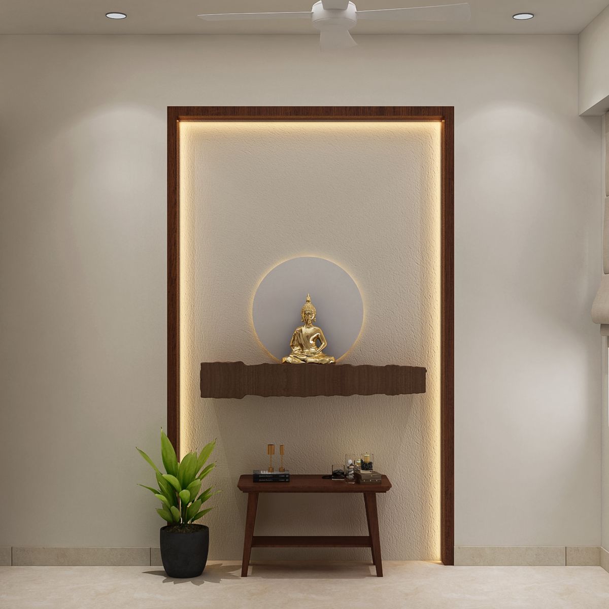 Minimal Floating Wooden Pooja Unit Design with Golden Buddha and ...