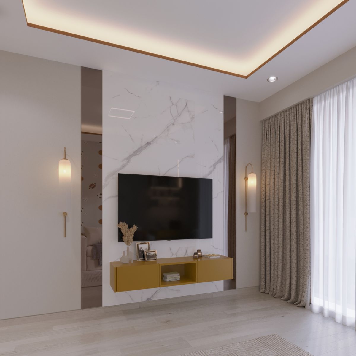 Modern TV Unit Design with Parakeet Finish and Floating Shelves | Livspace