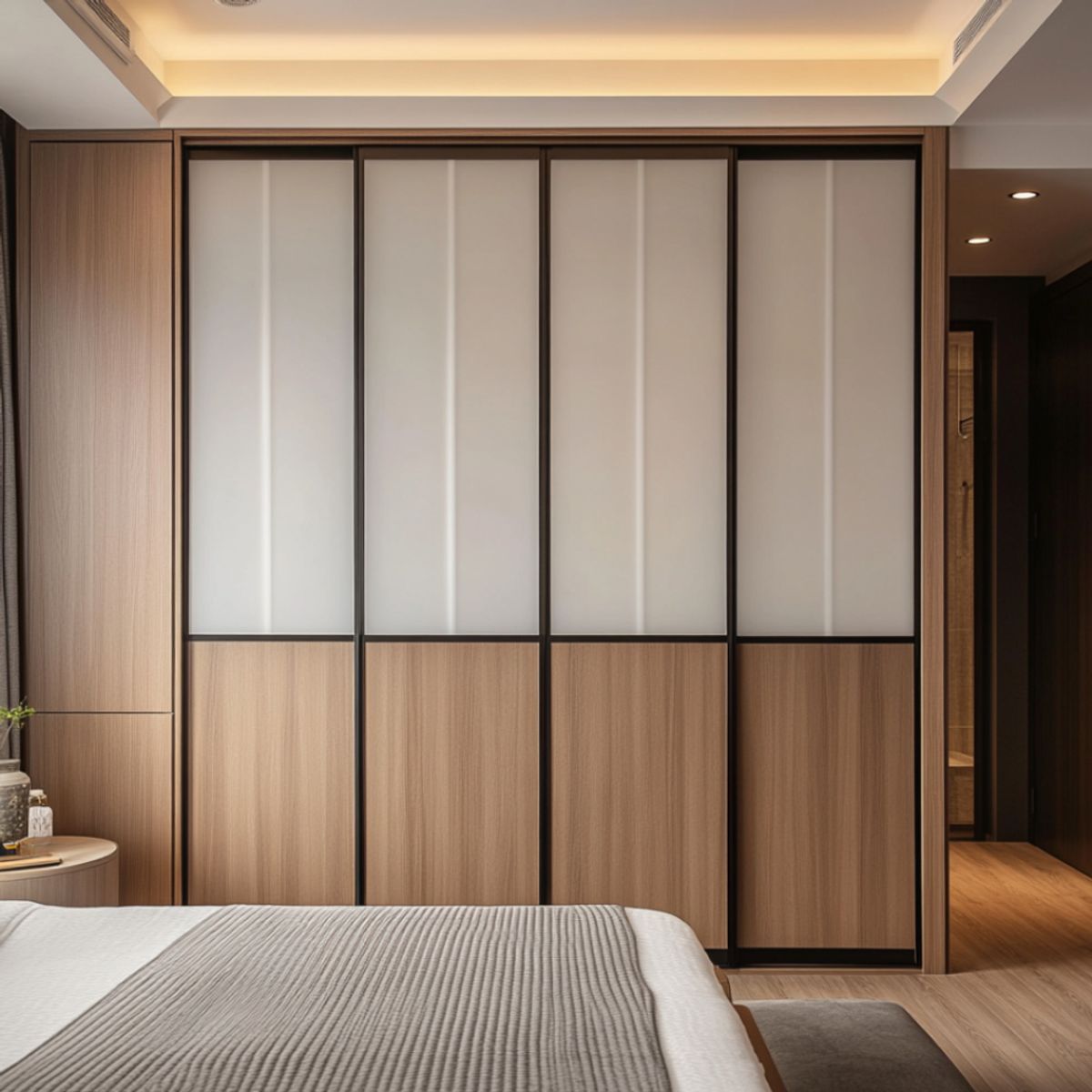 Modern Sliding Wardrobe Design with Frosted Glass and Matte Black ...