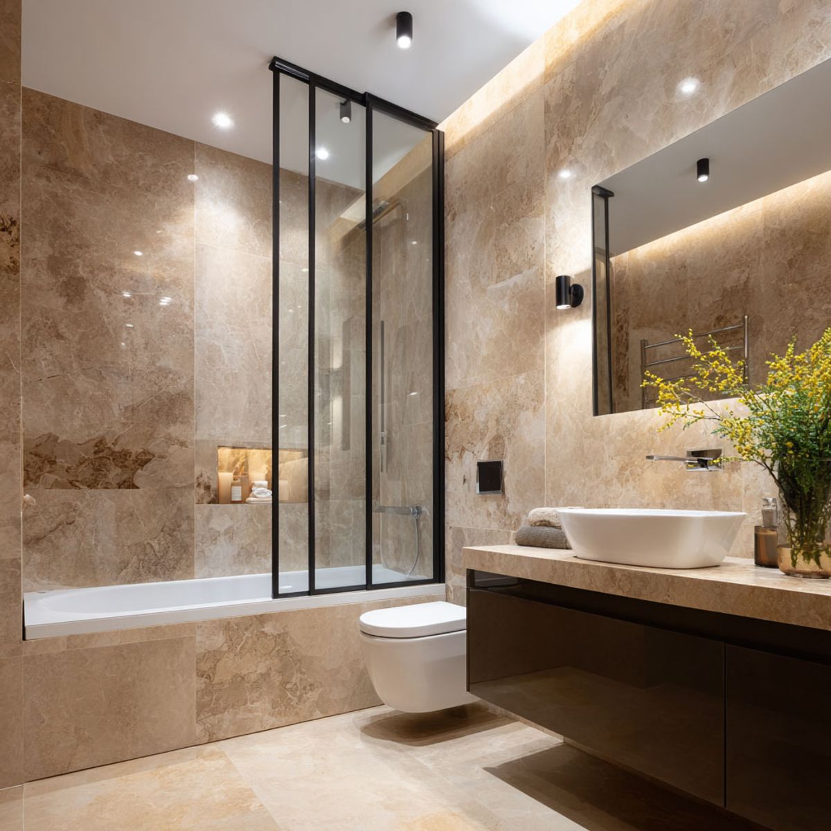 Modern Light Beige Bathroom Design with Marble Walls and Floating ...