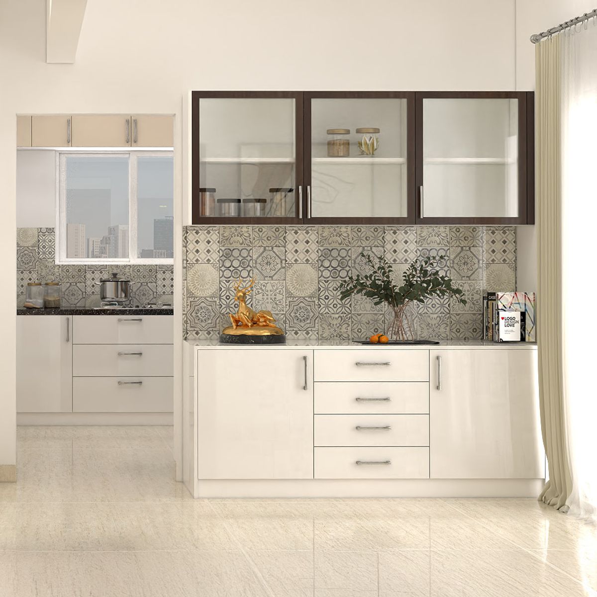 Off White Contemporary Crockery Unit Design With Glass Shutter Storage ...