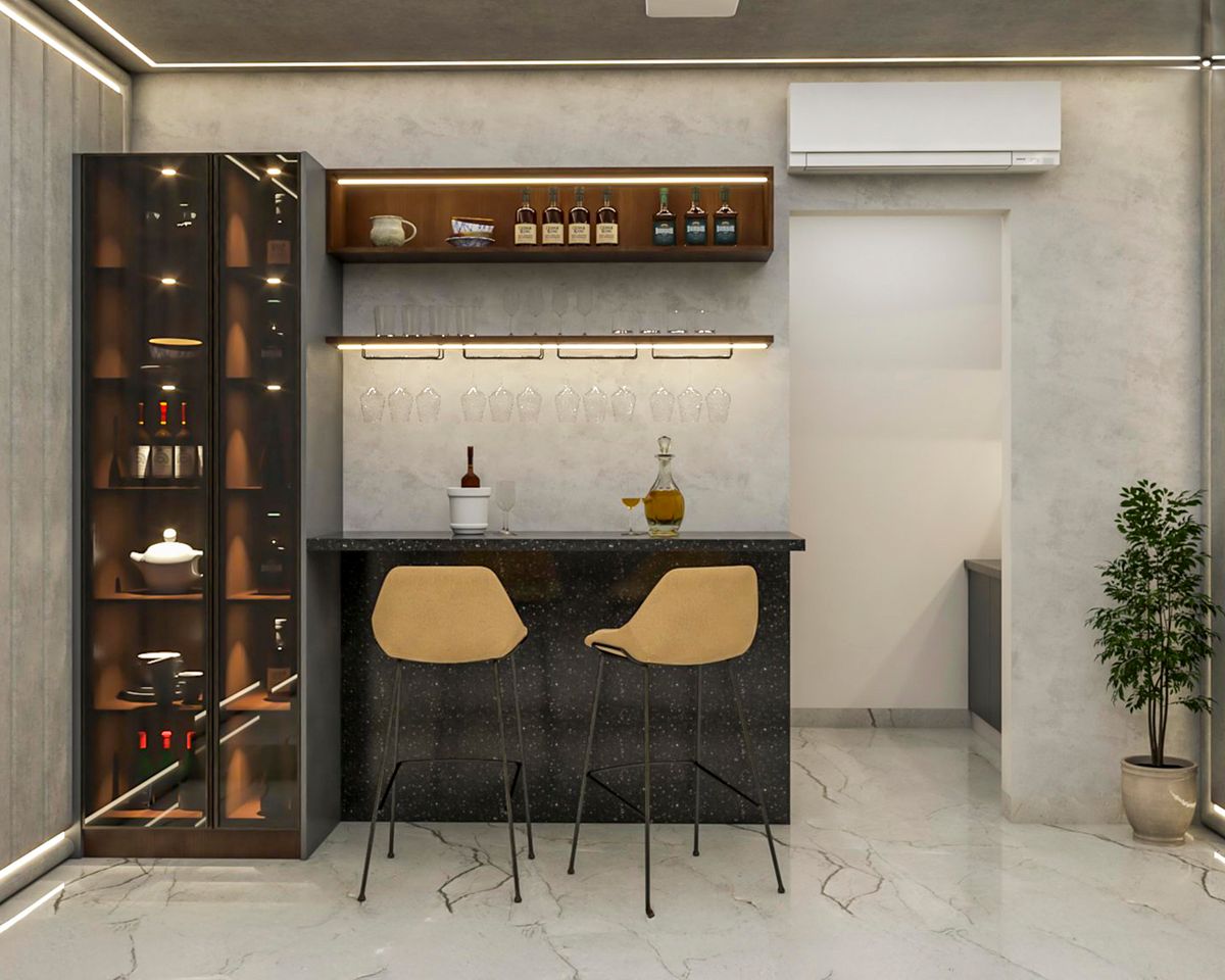 Modern Home Bar Design With Hanging Rack And Tall Storage | Livspace