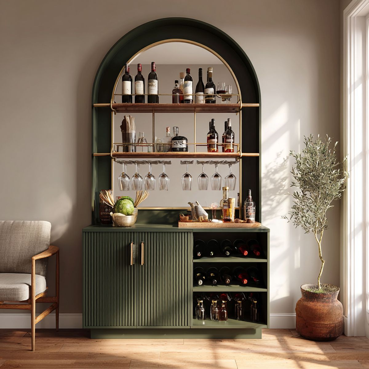 Emerald Modern Home Bar Design with Wine Rack and Open Shelves | Livspace