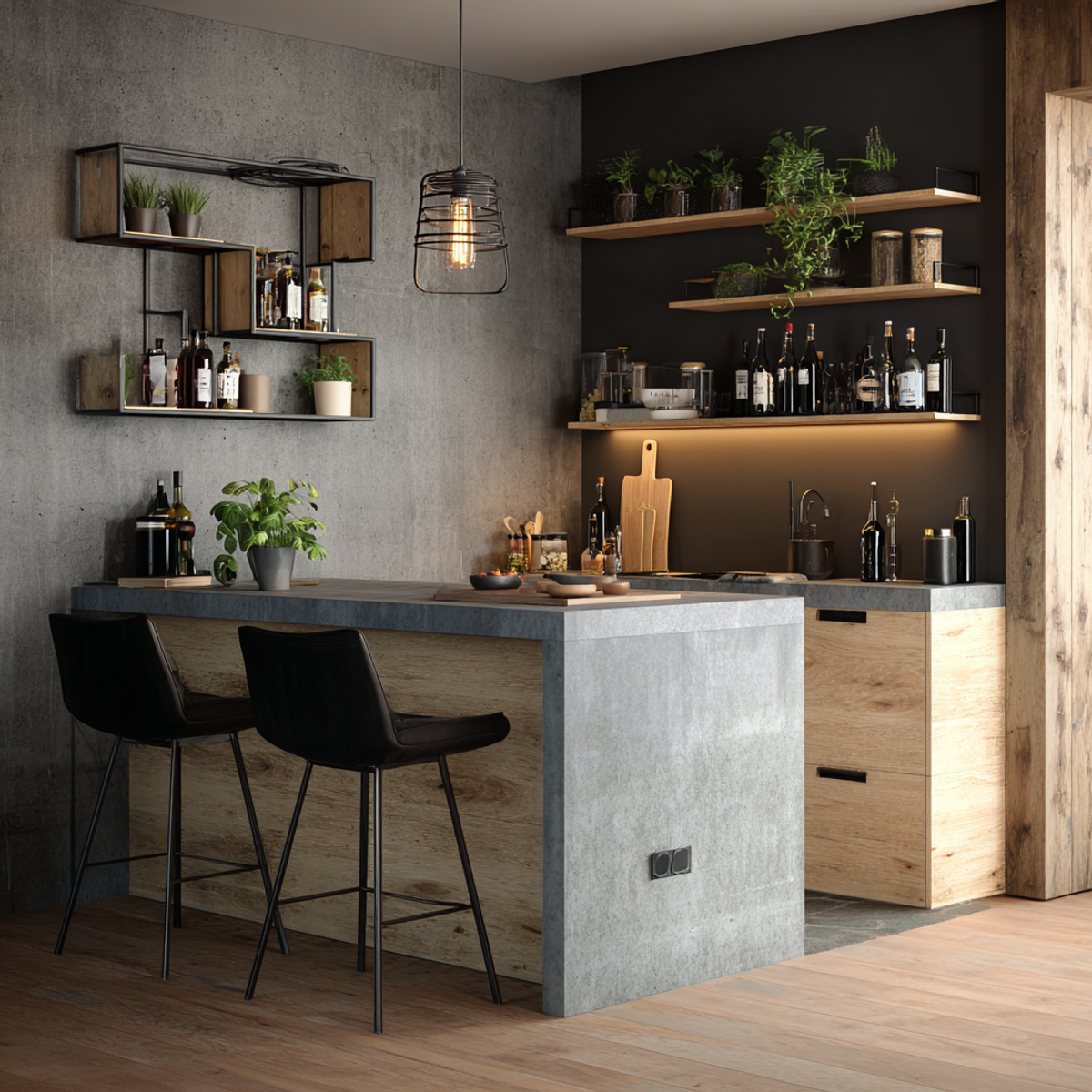 Modern Home Bar Design with Black Metal and Wood Shelves | Livspace