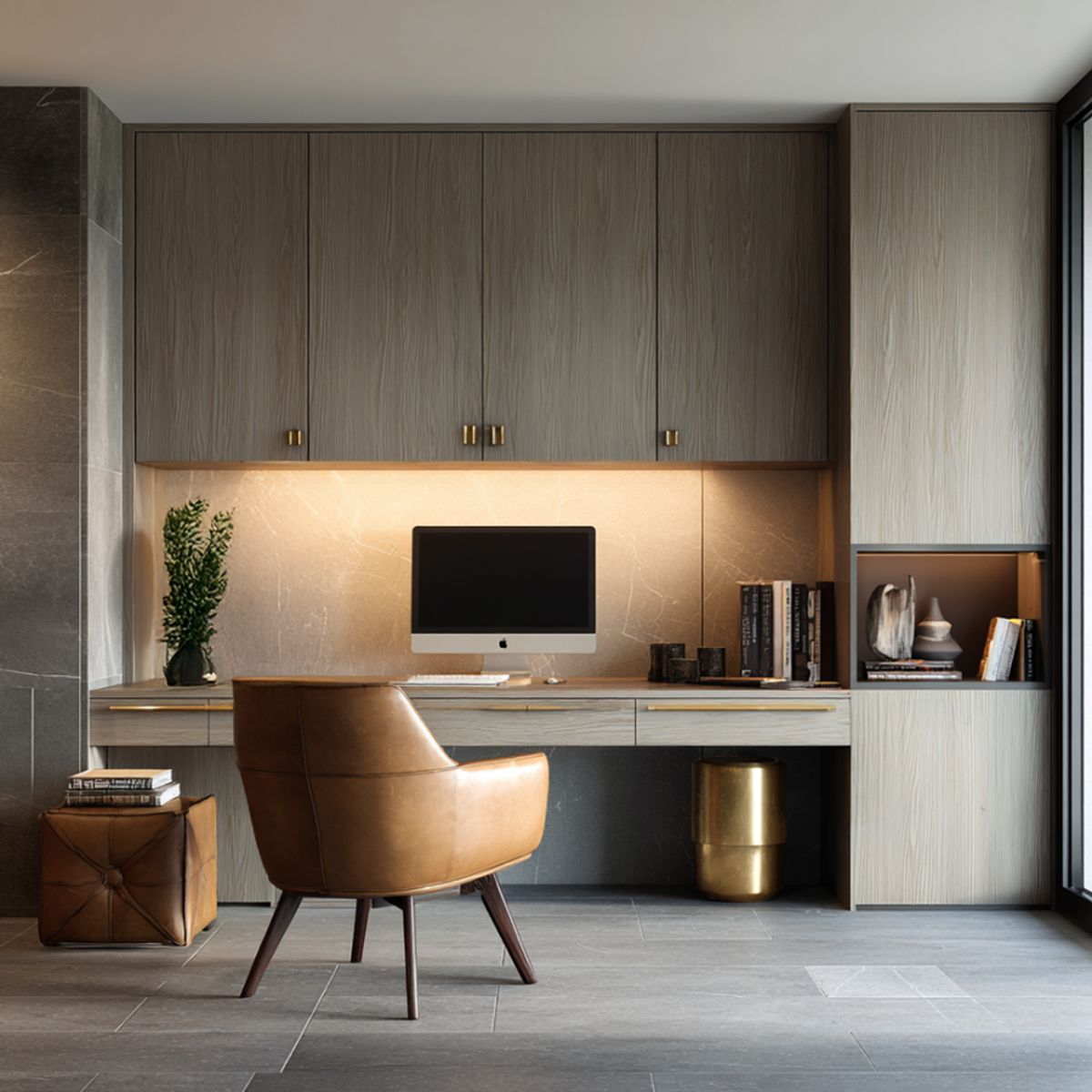 Minimal Home Office Design with Glass-Front Cabinets | Livspace