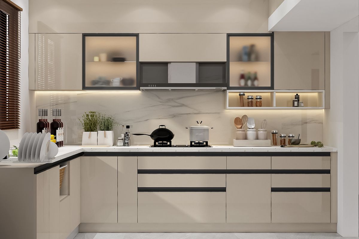 Minimal L-Shaped Kitchen Design with Gloss Cabinets and Under Cabinet ...