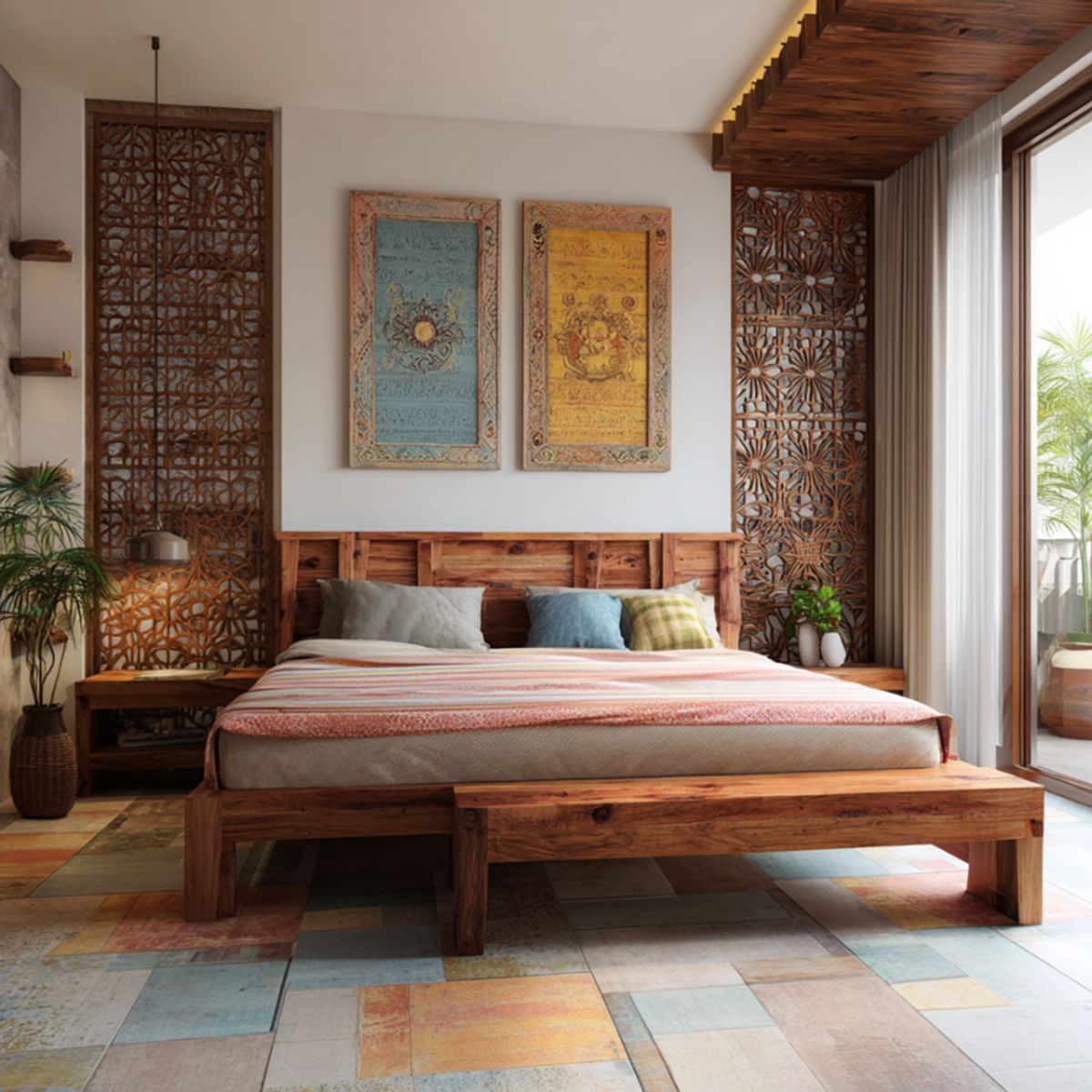 Master Bedroom Design with Rustic Wood King Bed, Wooden Bench and Side ...