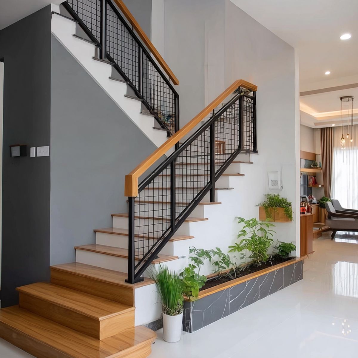 L-Shaped Modern Staircase Design with Wood and Tile Finish | Livspace