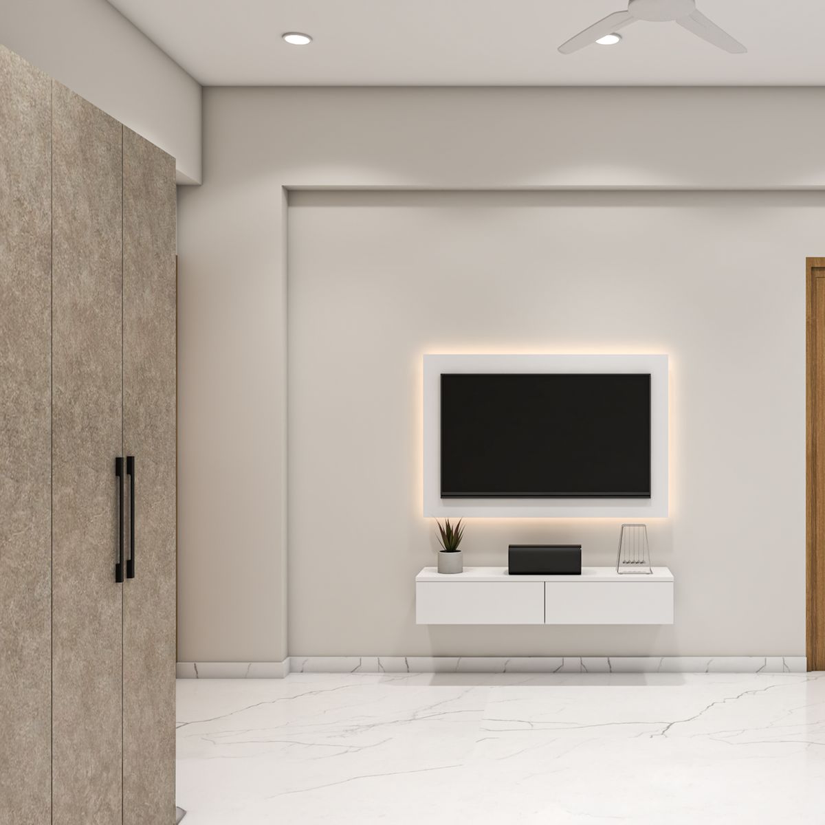 White Minimal TV Unit Design with Floating Cabinet, Backlit Frame and ...