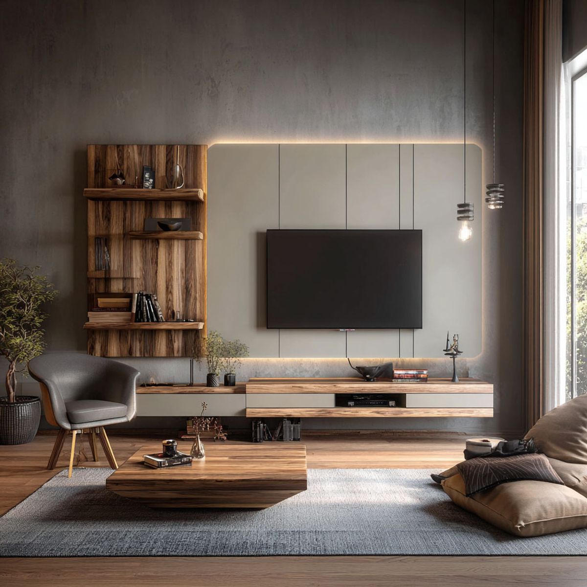 TV Unit Design with Modern Backlit Panel and Floating Drawers | Livspace