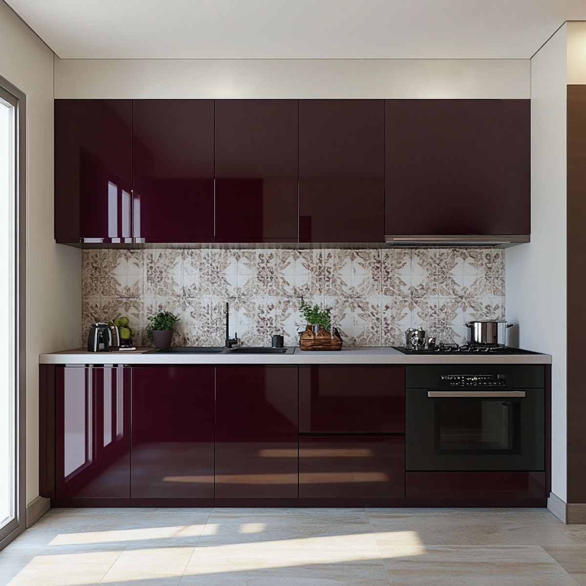 Contemporary Straight Kitchen Design in Berry Bunch with Premium Marble ...