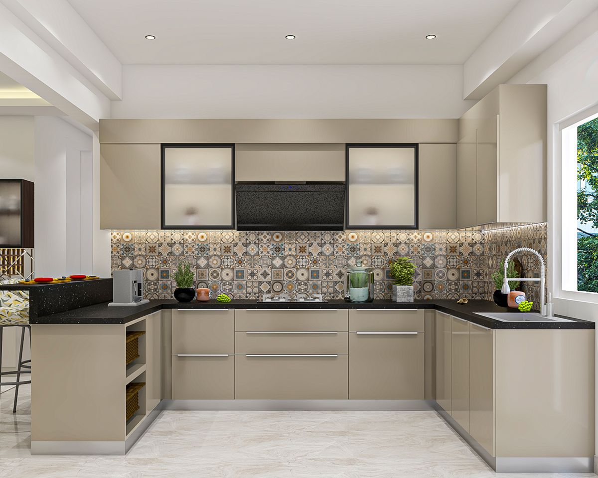 U-Shaped Contemporary Kitchen Design with Frosted Shutters And ...