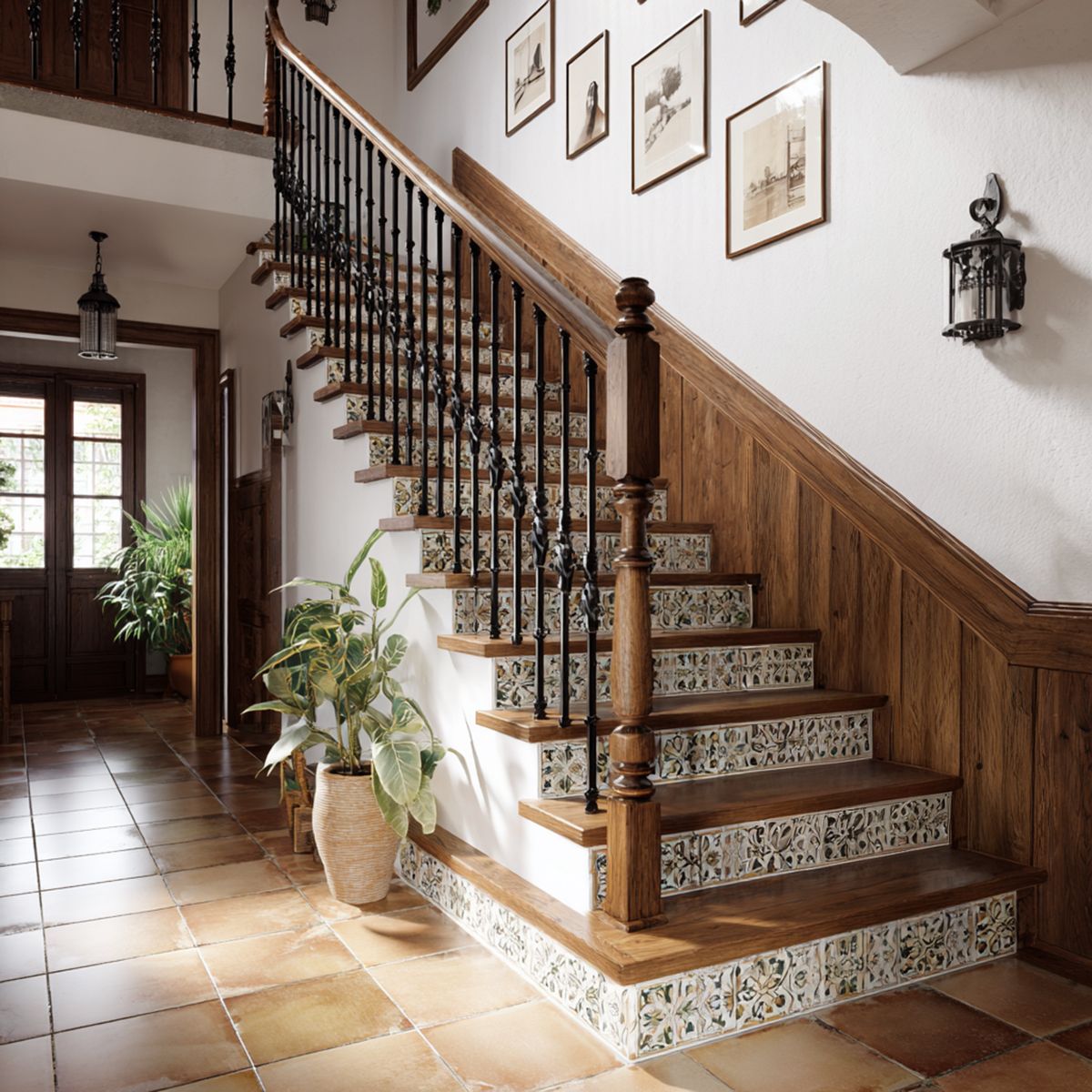 Classic Straight Staircase Design with Wood Treads and Metal Railing ...