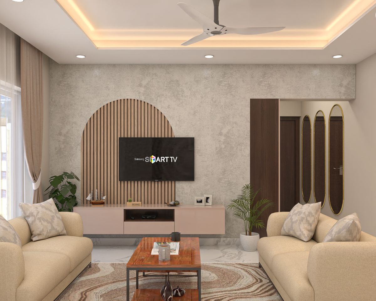 TV Unit Design with Contemporary Textured Backdrop and Wooden Arch ...