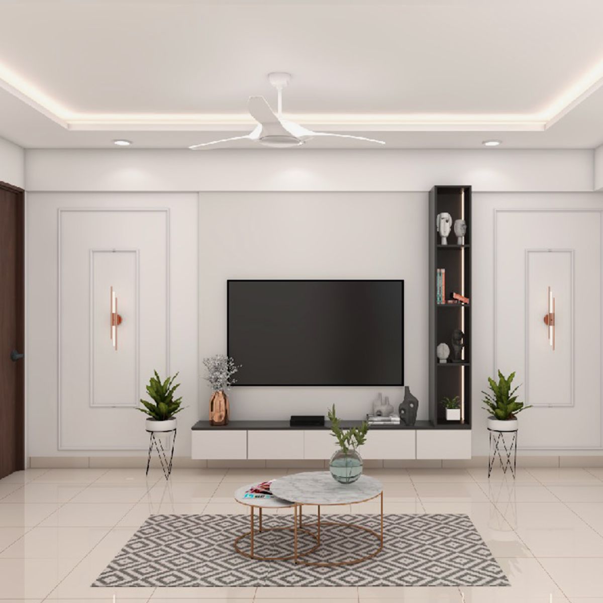 TV Unit Design with Modern Open Shelves and Overhead Storage | Livspace