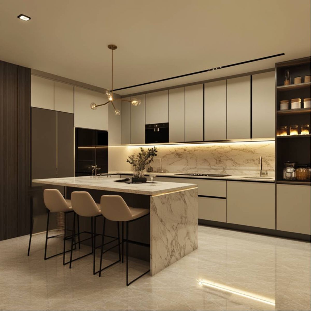 Champagne Coloured Contemporary Open Kitchen Design with Suede Finish ...