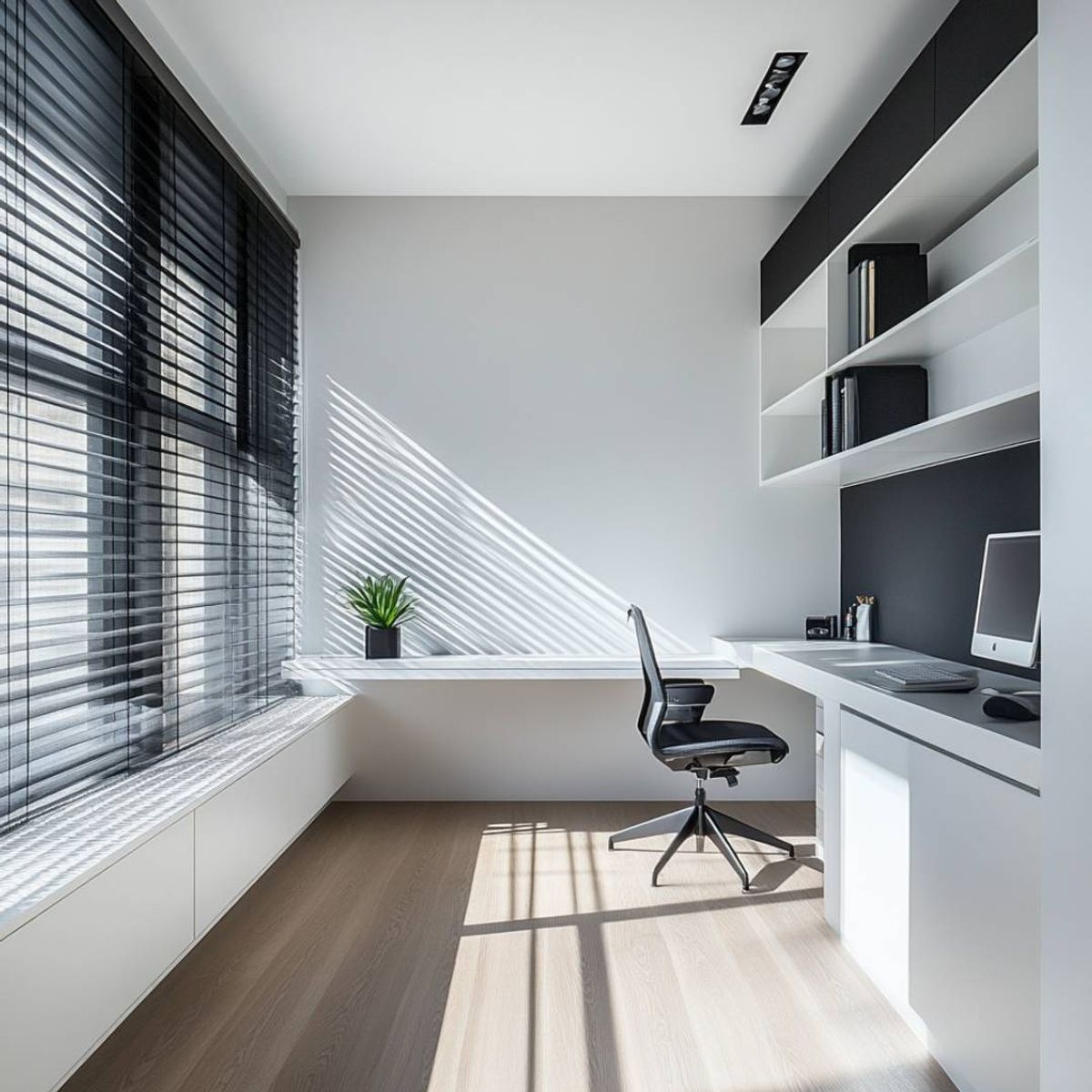 Minimal Home Office Design With White Cabinetry and Black Chairs with ...