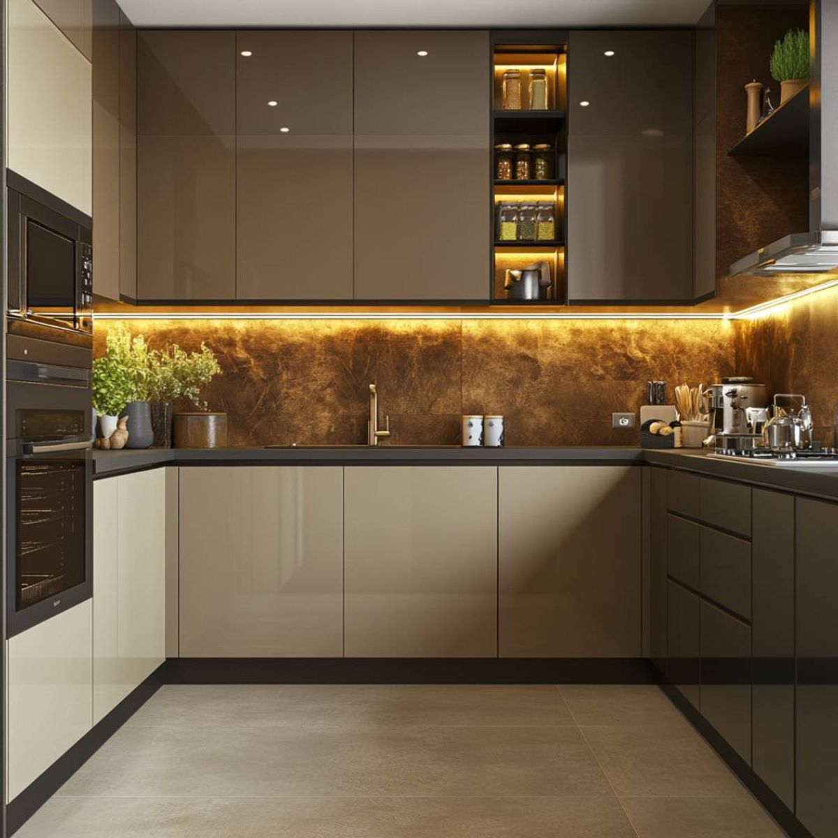 Cappuccino U-Shaped Modern Kitchen Design with Granite Countertops and ...