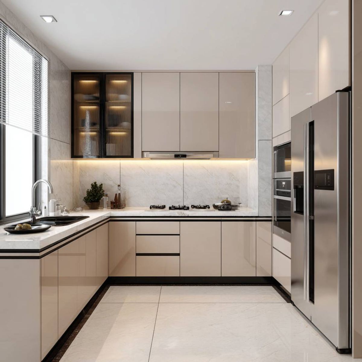 Minimal Light Beige U-Shaped Kitchen Design with Quartz Countertop and ...