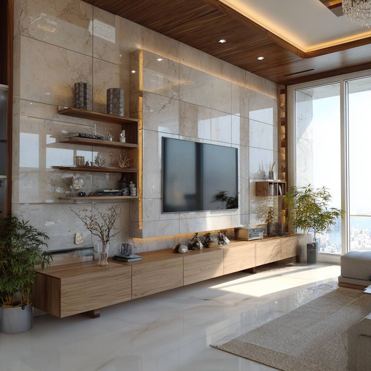 Contemporary Brown and Cream TV Unit Design With Marble Wall Backdrop ...