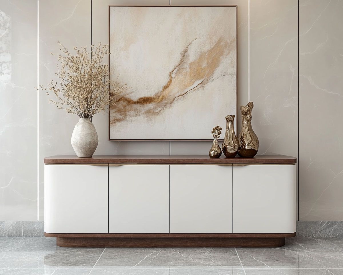 Glossy White and Wooden Brown Modern Foyer Design with Abstract Art and ...