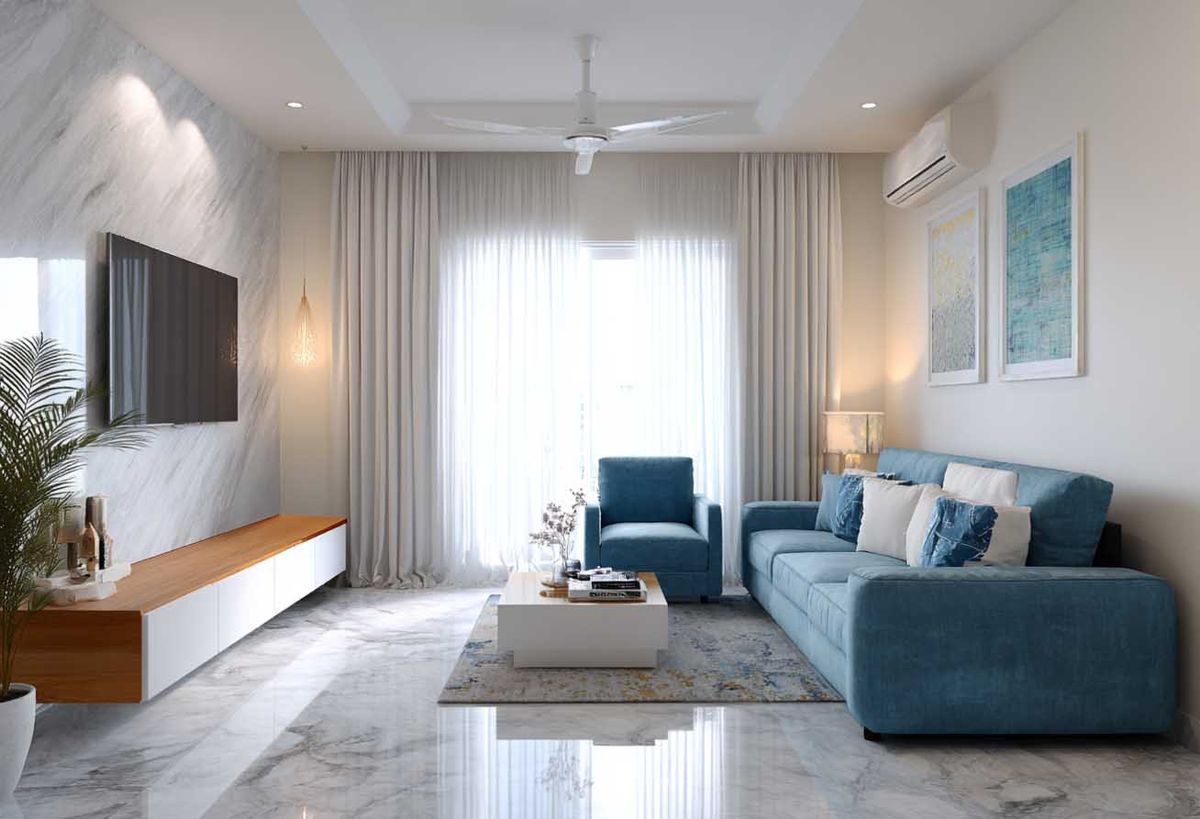 Minimal Living Room Design with Marble Floors and Blue Upholstery ...
