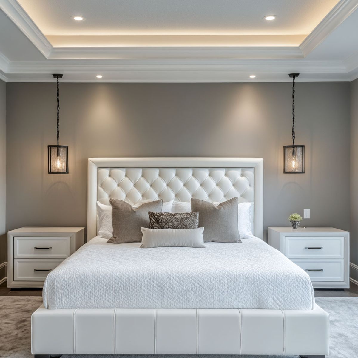 Master Bedroom Design with Contemporary Tufted Bed, Plush Bedding and ...