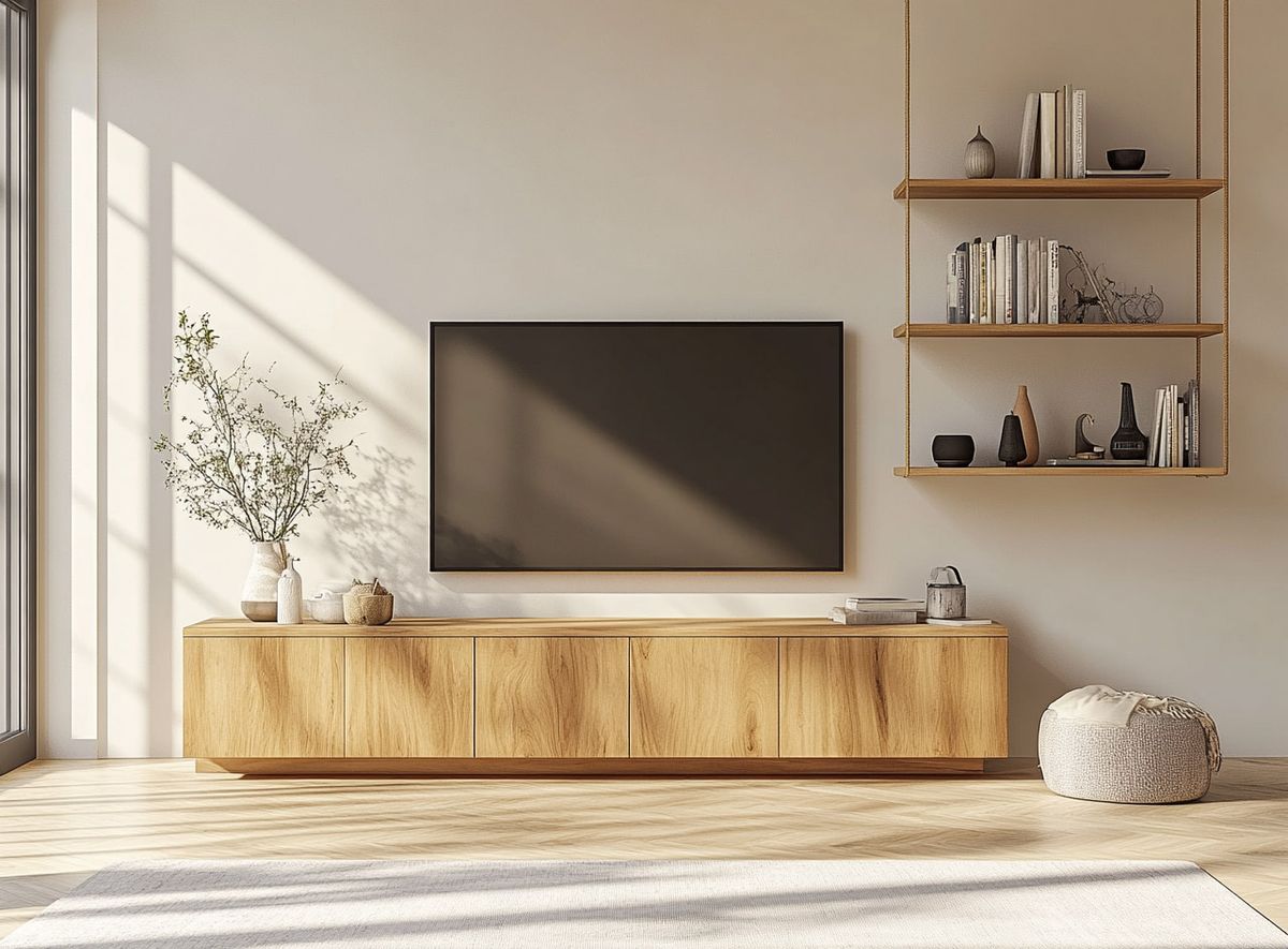 Wooden Scandinavian TV Unit Design with Touch-Latch Drawers and Open ...