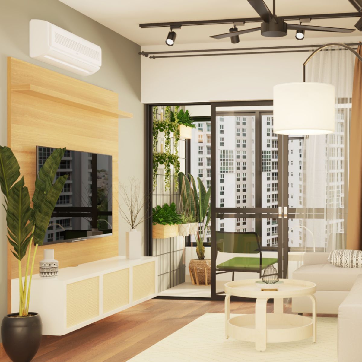 White And Beige TV Unit With Wooden Grain Finish | Livspace