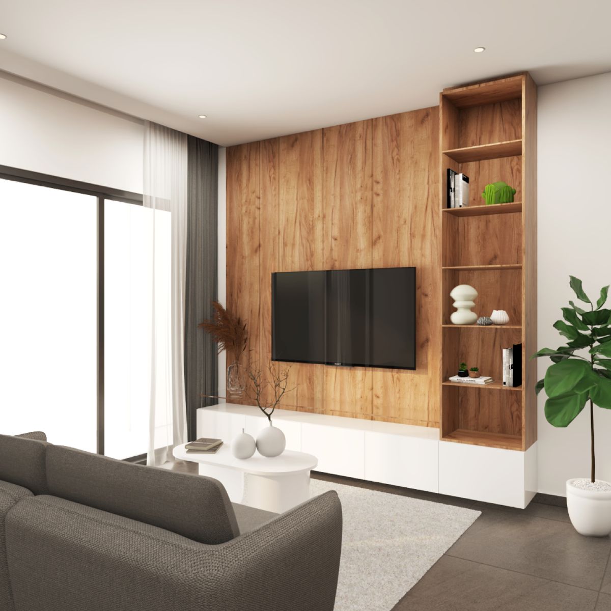 Living Room Wall Design With Light Brown Panelling | Livspace