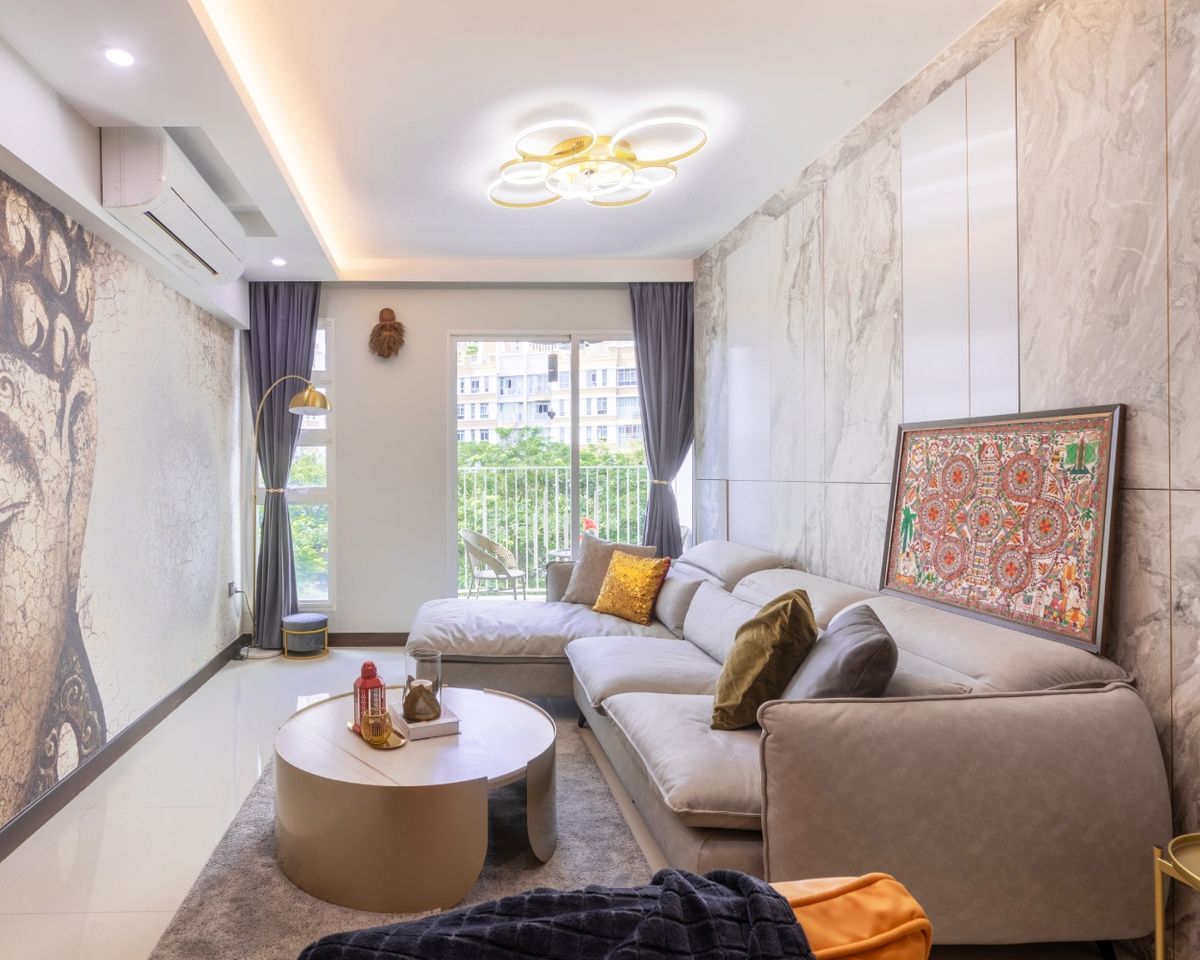 Cream-Toned Wall Design With Grooved Panel | Livspace
