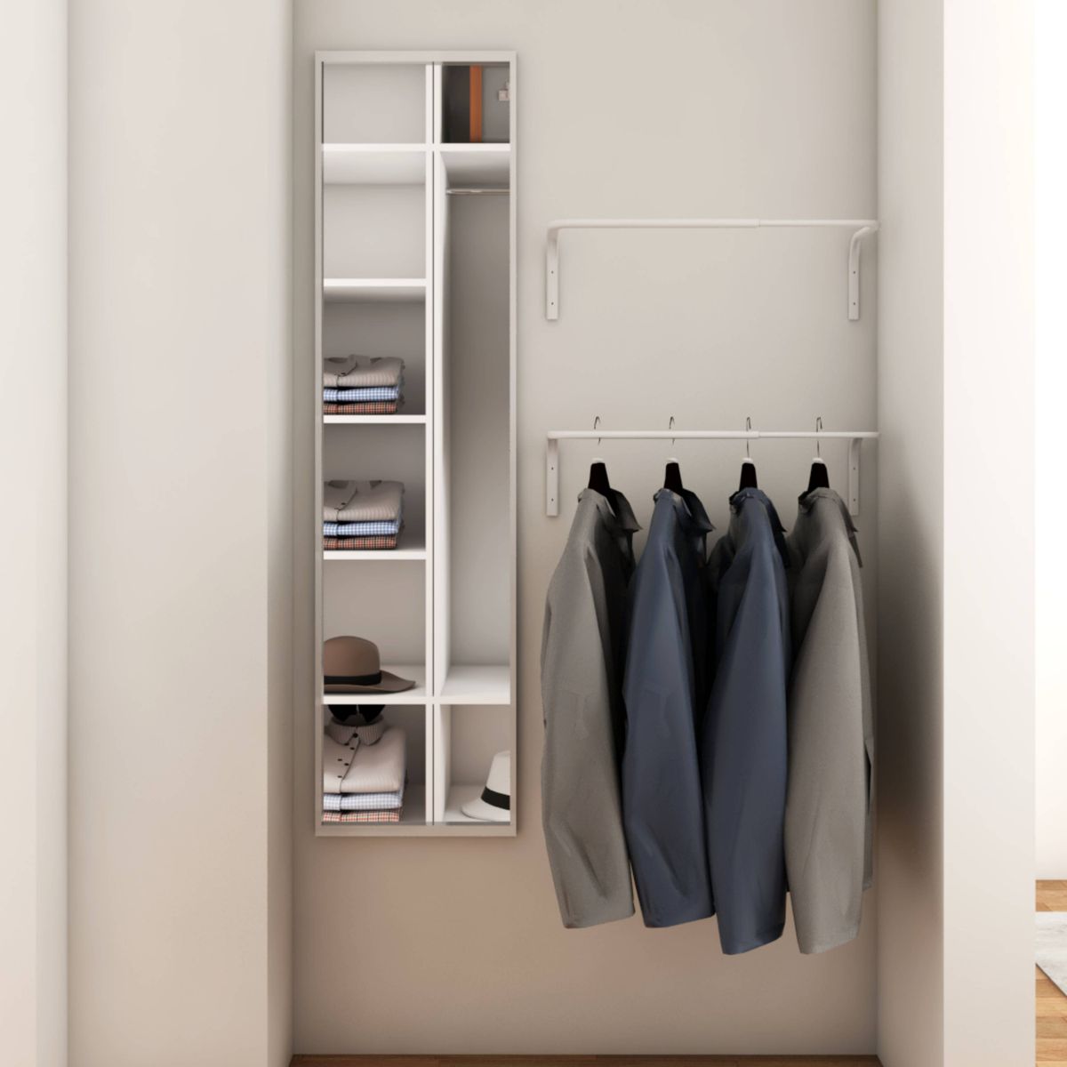 White Open Wardrobe Design With Clothing Racks | Livspace