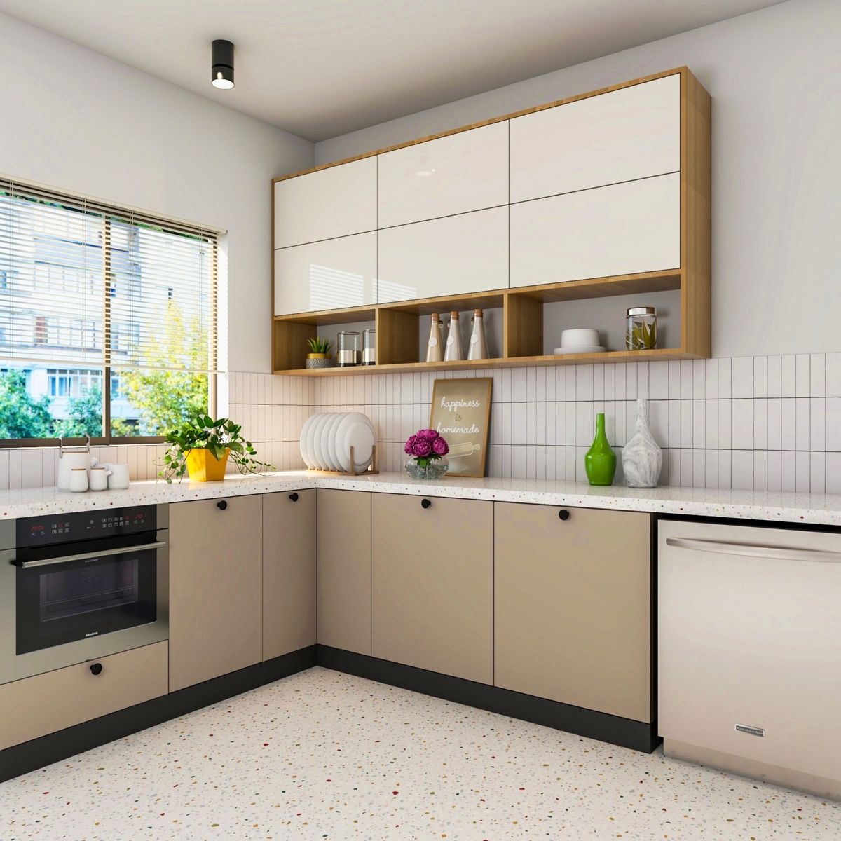 Light Brown And White L-Shaped Kitchen Design | Livspace