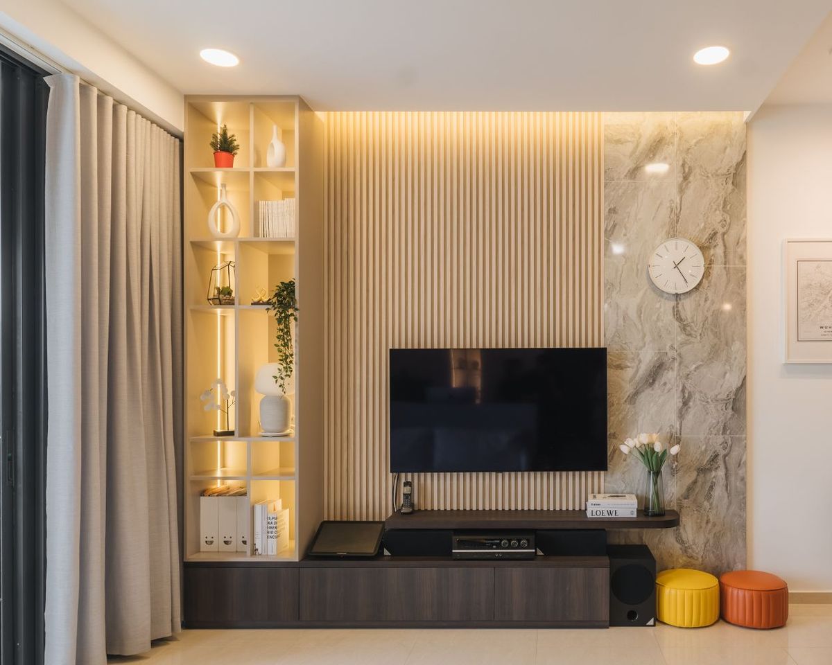 Regal Beige Fluted Panelling And Marble Slab | Livspace