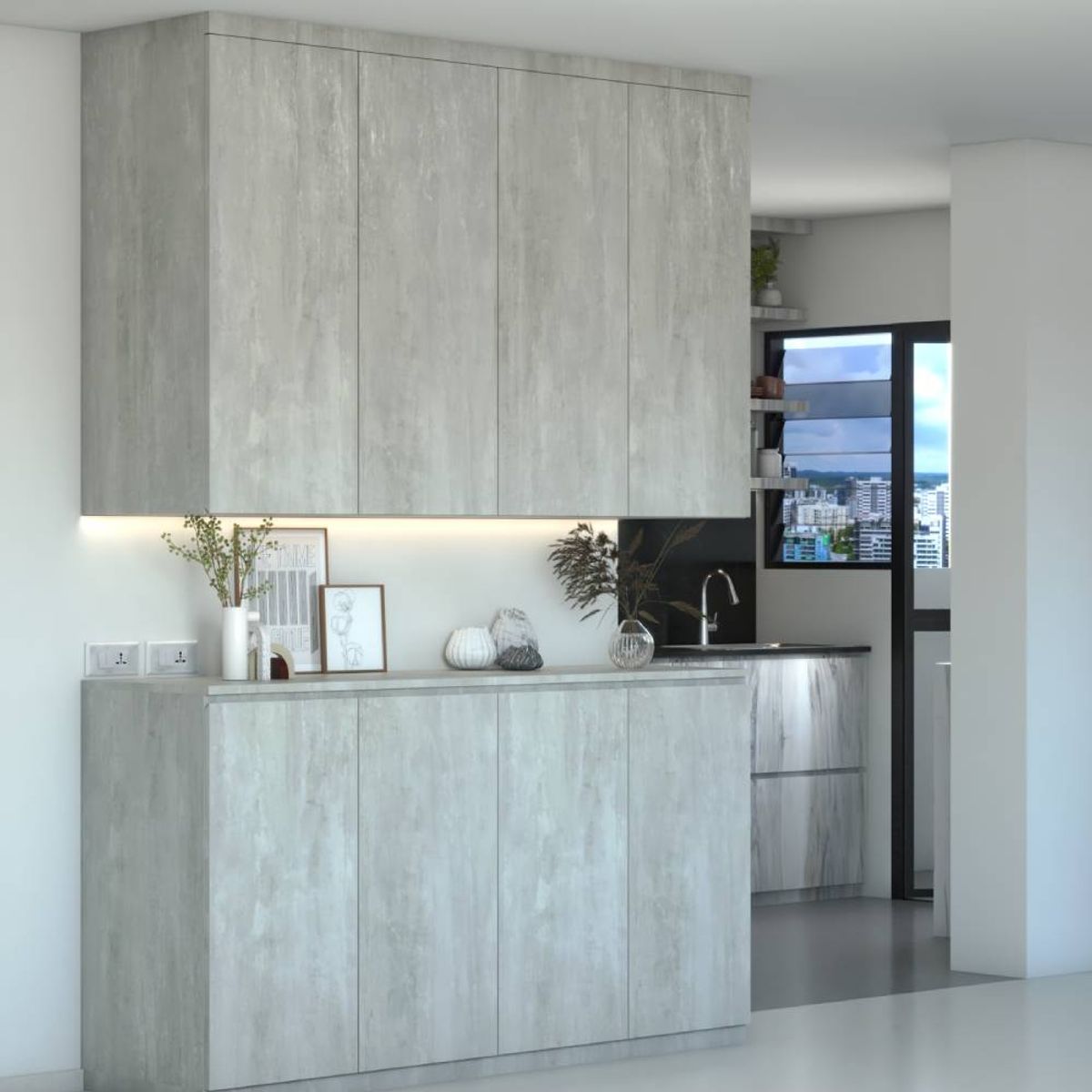 White-Grey Contemporary Foyer Design With Open Ledge And Under-Cabinet ...