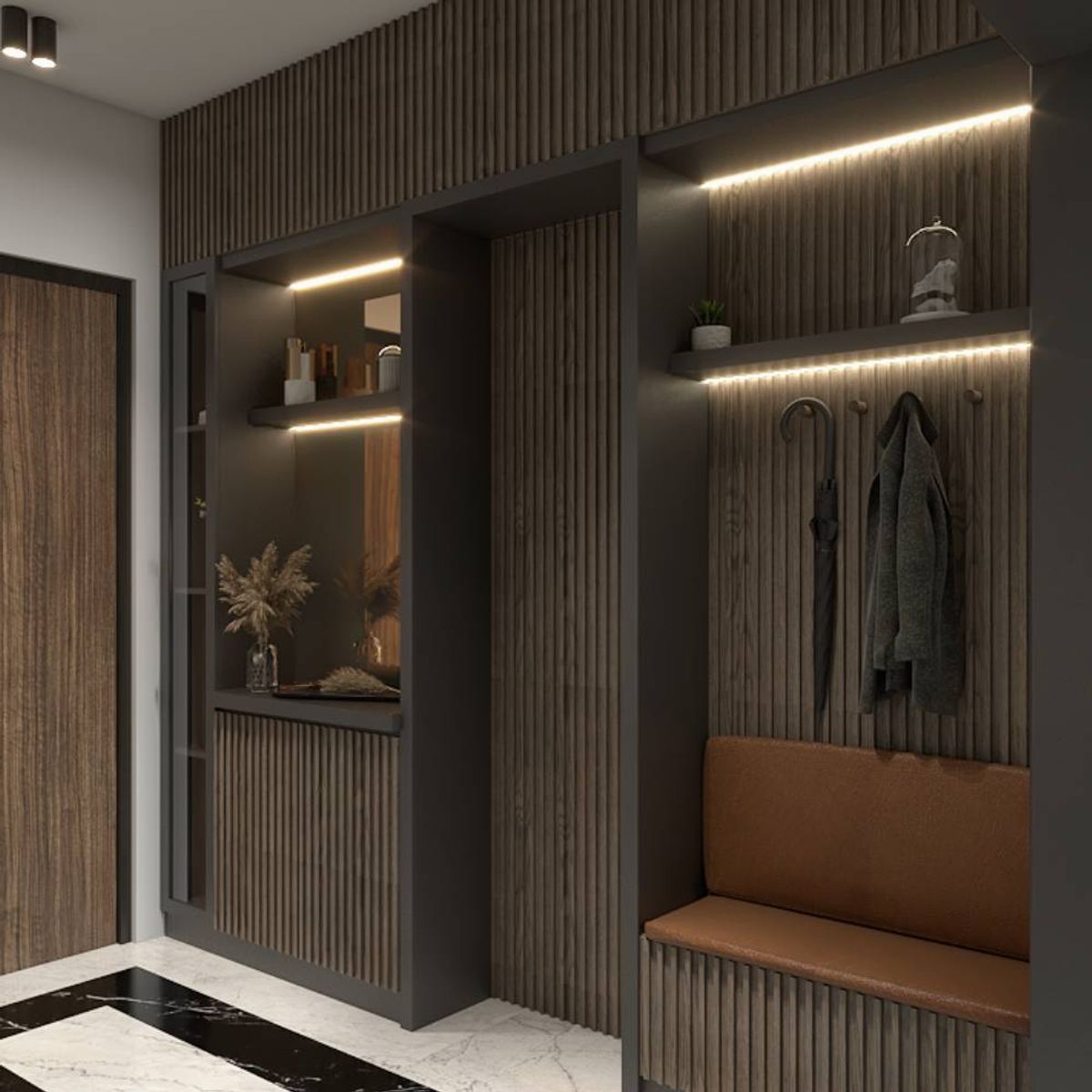 Dark Wood Panelled Foyer Design With Open Storage And Integrated Seater ...