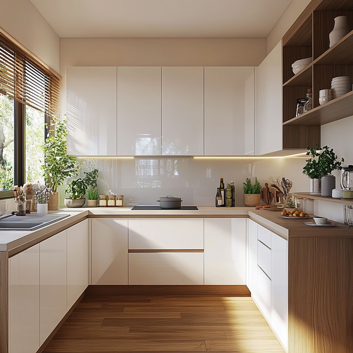 U-Shaped Scandinavian Kitchen Design with Open Shelves, Quartz ...