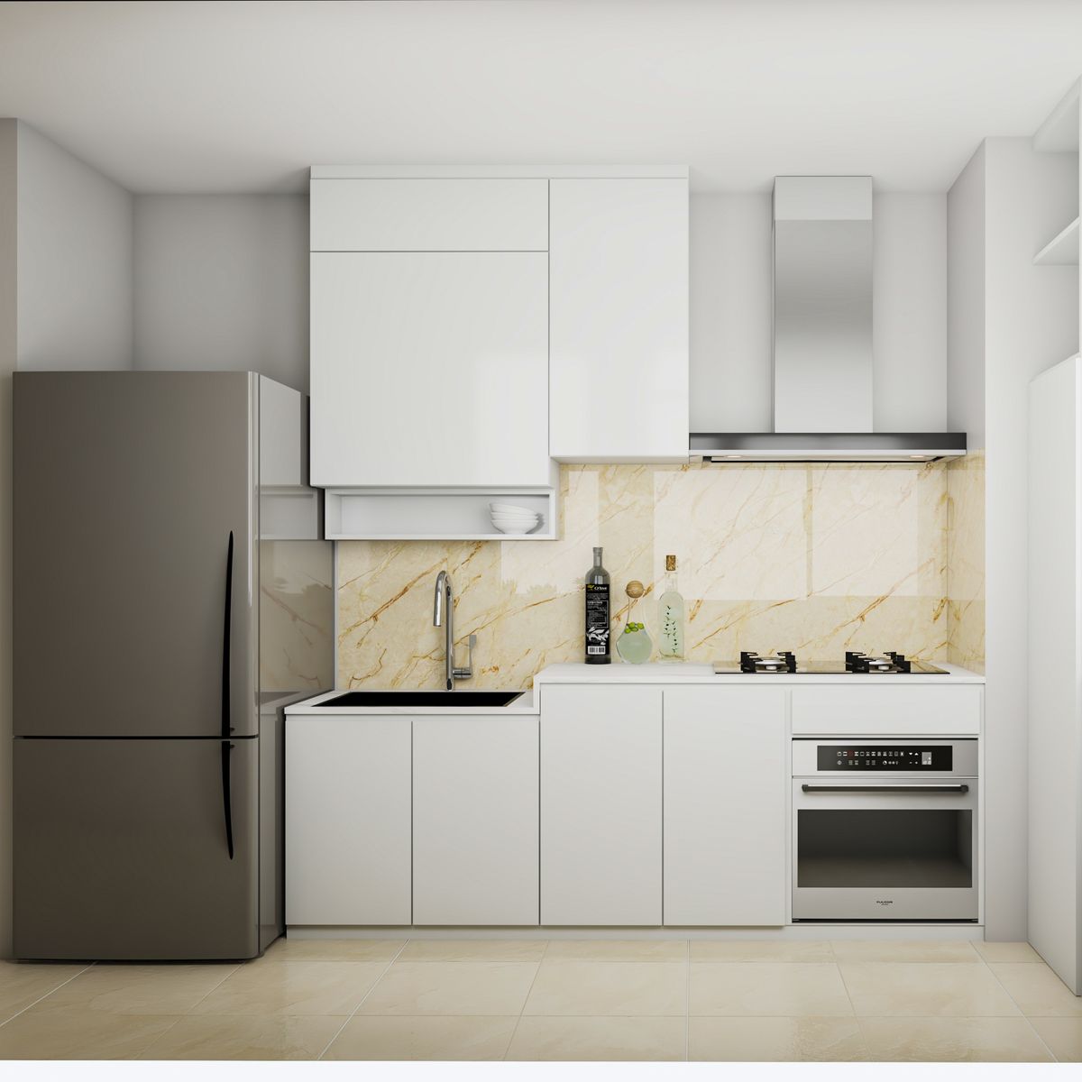 Compact Minimal Kitchen Design with Utility Space and Open Shelving ...