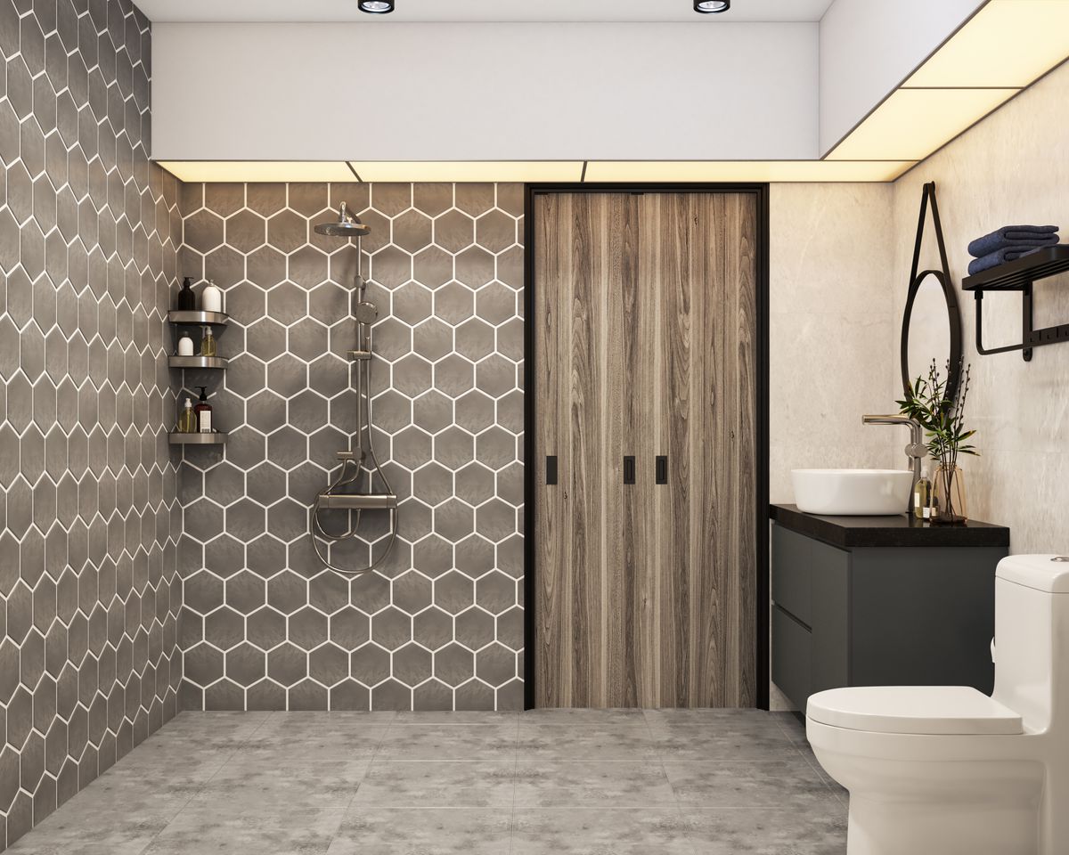 Modern Toilet Interior Design With Round Mirror | Livspace