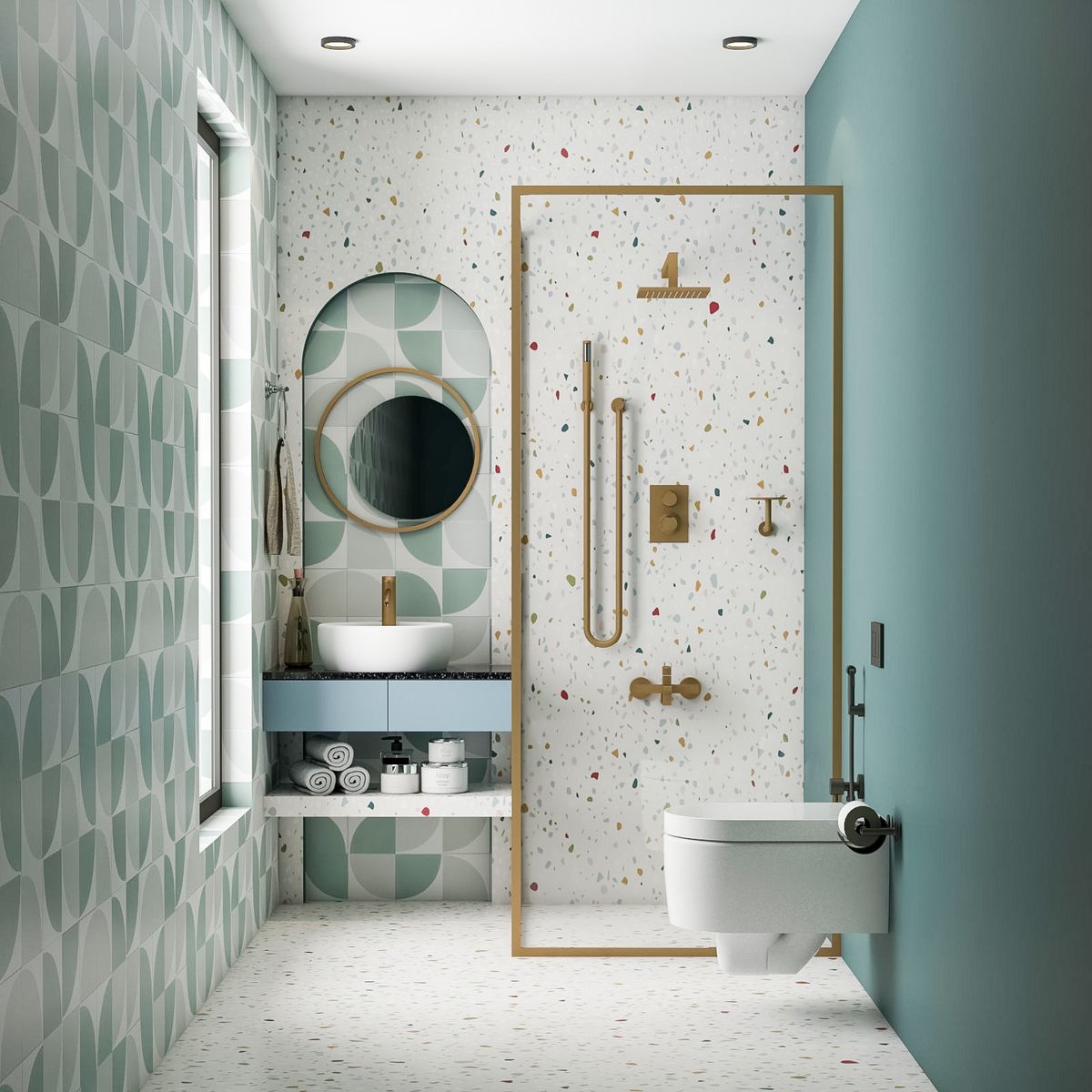 Modern Bathroom Design: Glass Partition, Circular Mirror & Terrazzo Tiles | Livspace