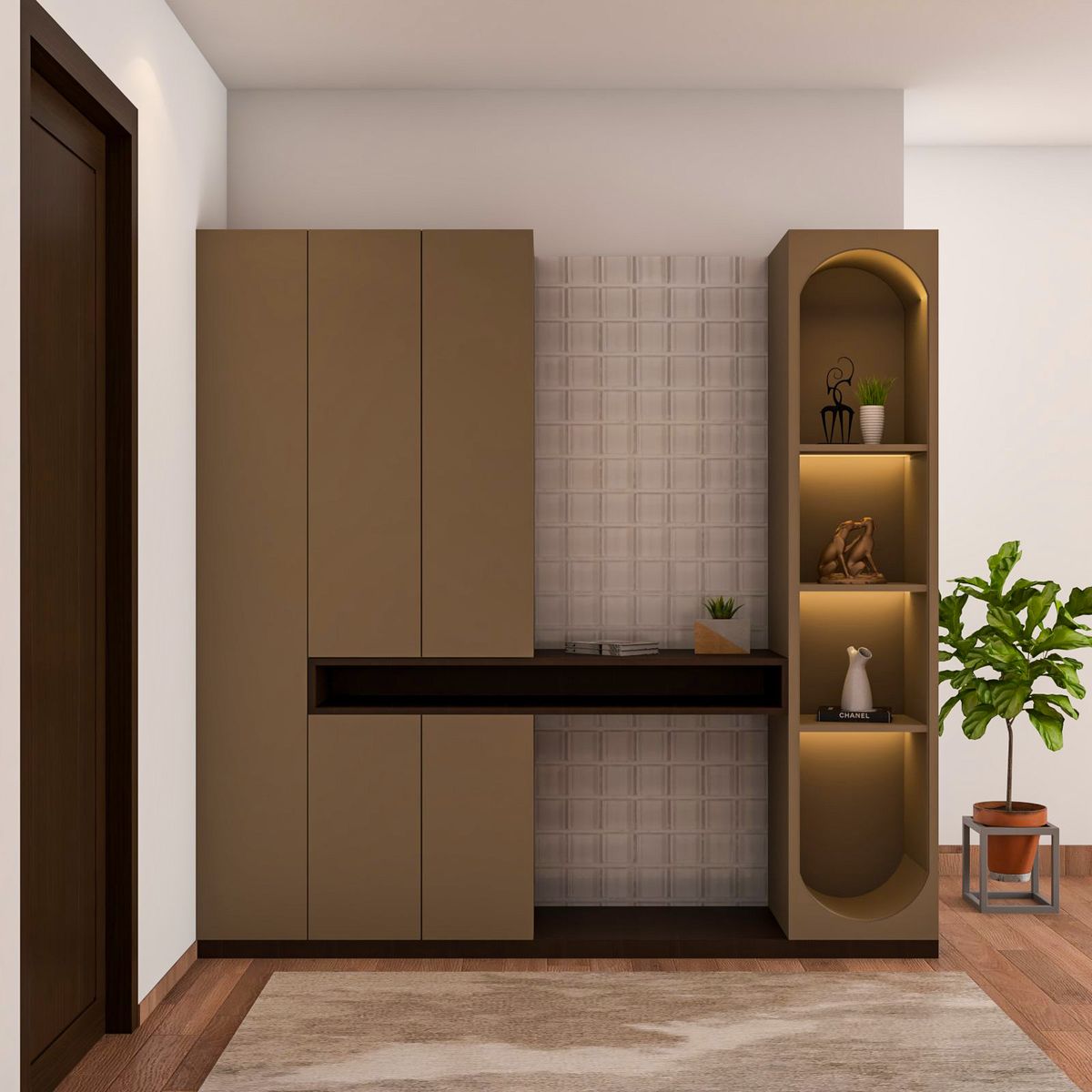 Contemporary Foyer Design with Curved Shelves and Warm Textured Wall ...