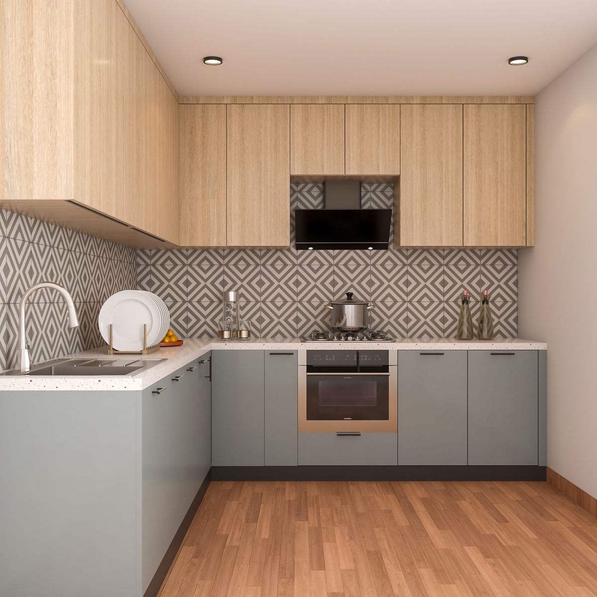 Denim Blue and White Contemporary L-Shaped Kitchen Design with Quartz ...