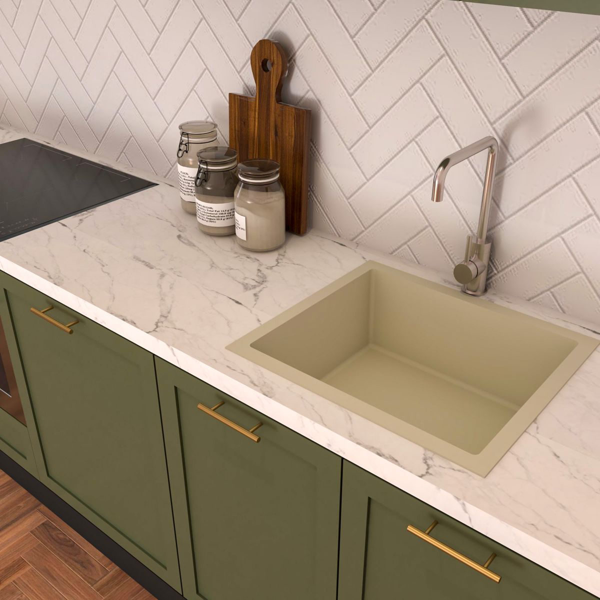 Small Single Bowl Top Mount Quartz Kitchen Sink Design | Livspace
