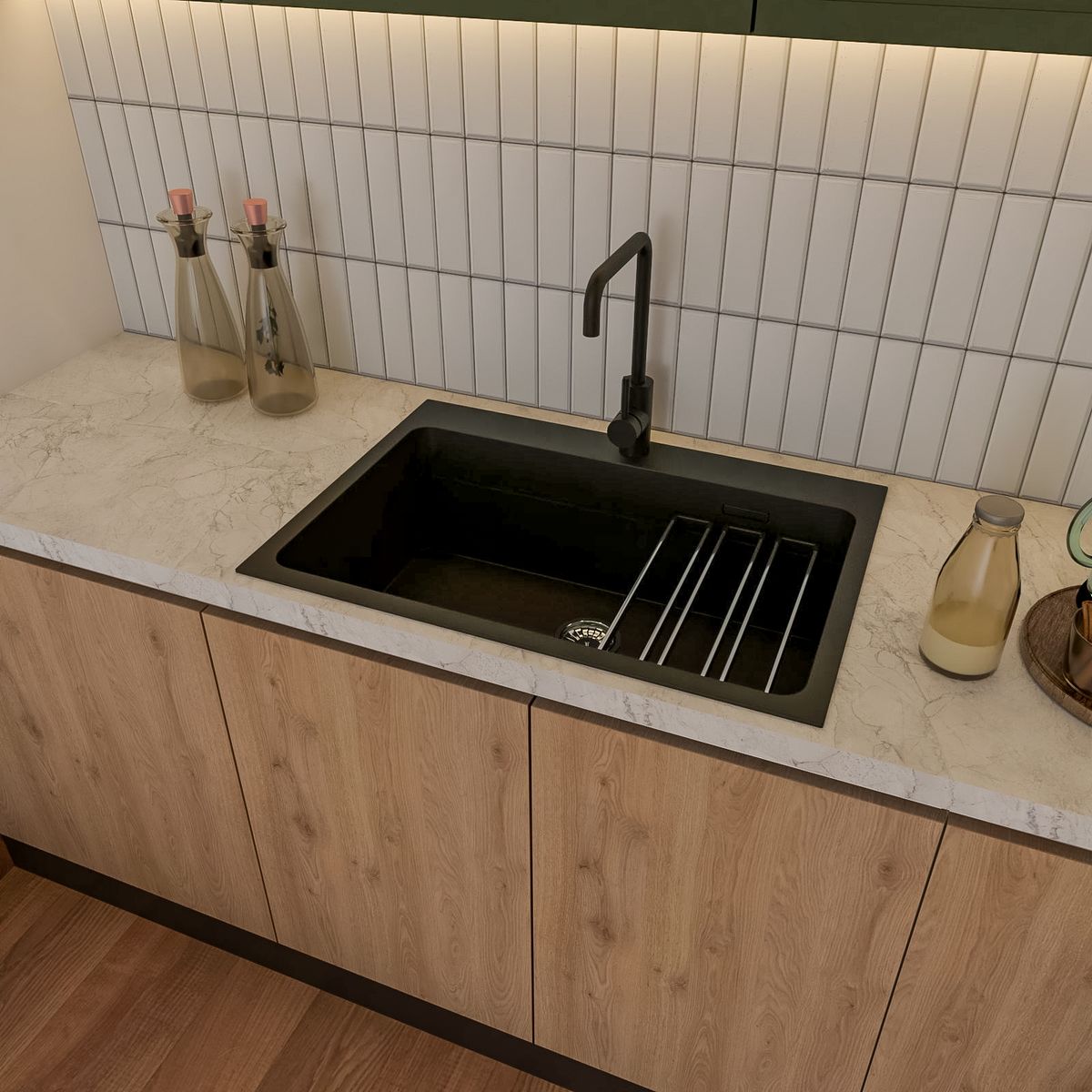 Top Mount Kitchen Sink Design: Black Quartz and Single Bowl | Livspace