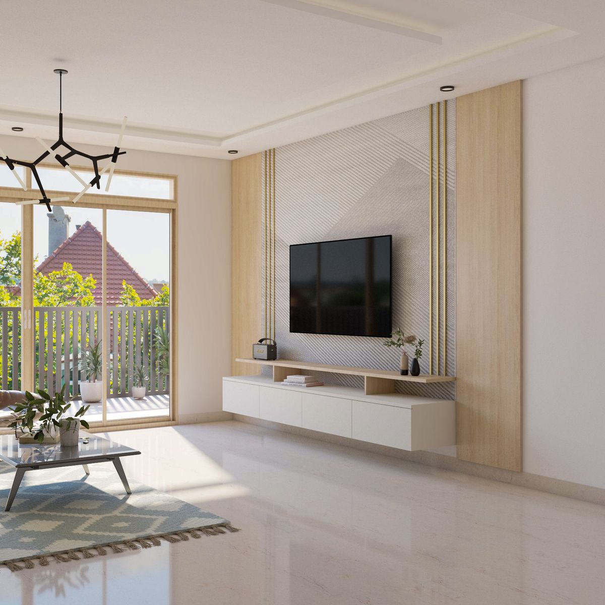 Wall-Mounted Scandinavian TV Unit Design With Golden T Pati And Wooden ...