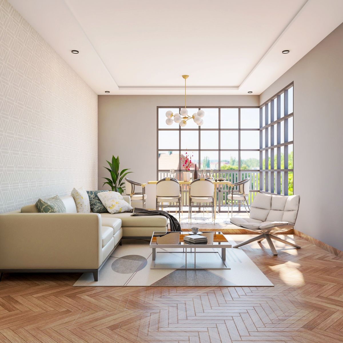 White Peripheral Living Room Ceiling Design With Chandelier | Livspace