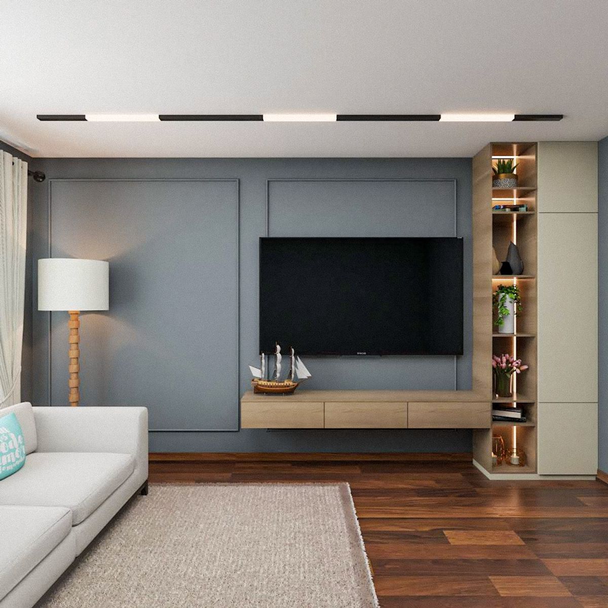 Grey And Wood TV Unit Design With Wall Trims | Livspace