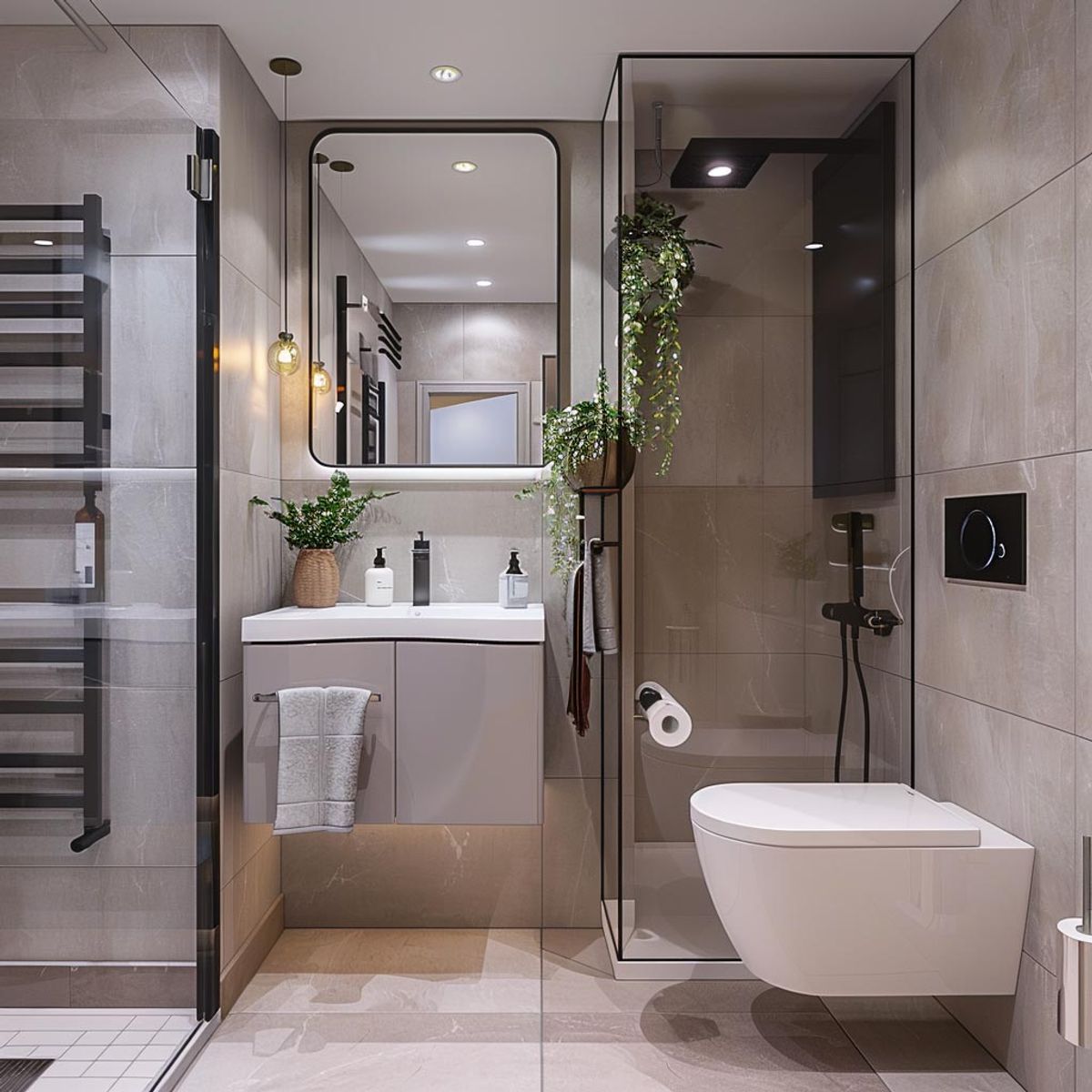 Spacious Modern Bathroom Design: Glass Partition & Oval Mirror | Livspace